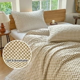 Tan Gingham Queen Quilt Set, Soft Pre-Washed Microfiber Taupe Plaid ...
