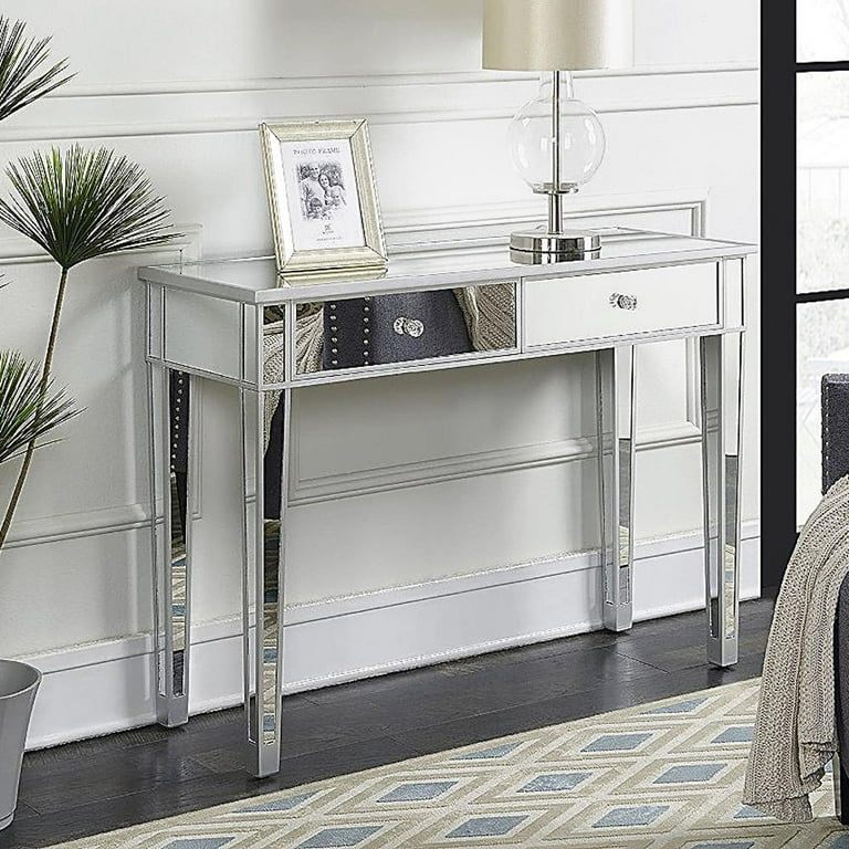 Ktaxon Mirrored Computer Desk Writing Desk with 2 Drawers Home Office Study Work Table Furniture Mirrored Console Desk Makeup Table Silver