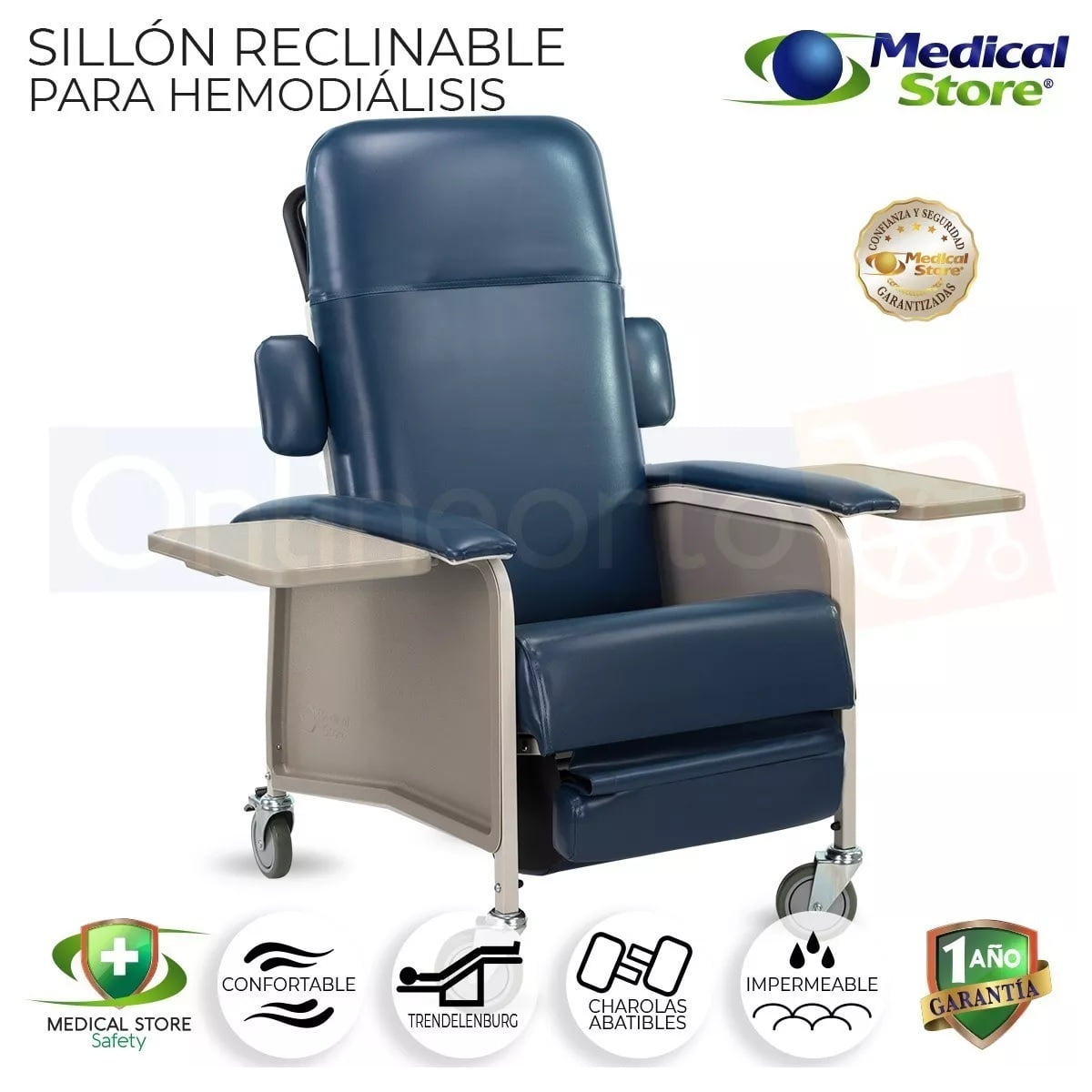 Sillón Hemodiálisis Reclinable Azul 3 Posiciones 2 Charolas Medical ...