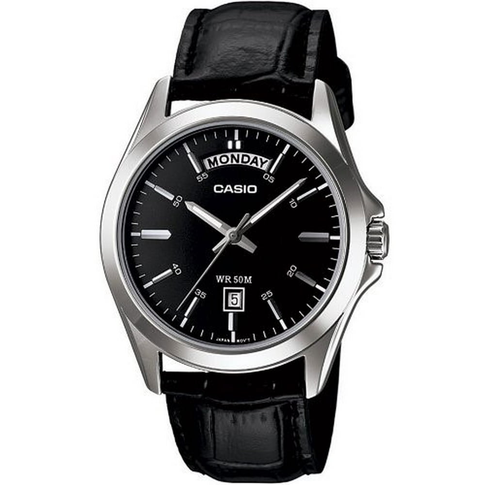 Casio - Men's Classic Stainless Steel Black Leather Watch MTP1370L-1A ...