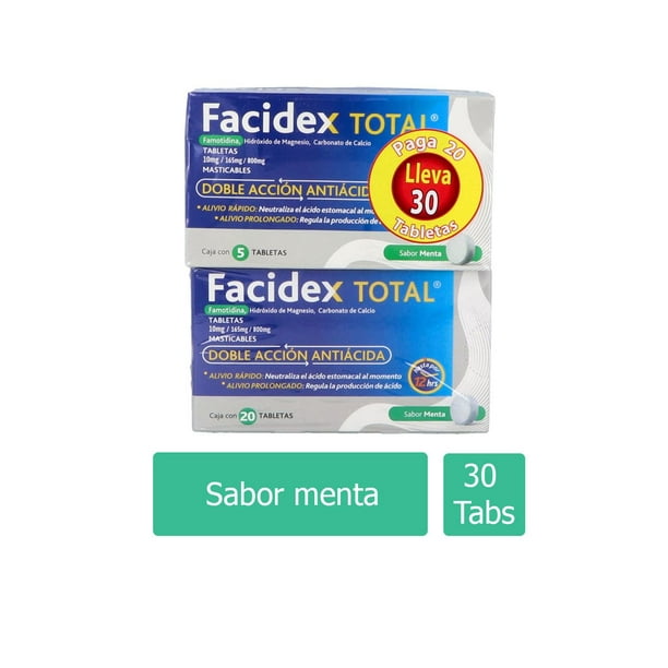 Facidex Total 10 mg/165 mg/800 mg 20 Tabletas Masticables + 10 Tabletas | Bodega Aurrera en línea