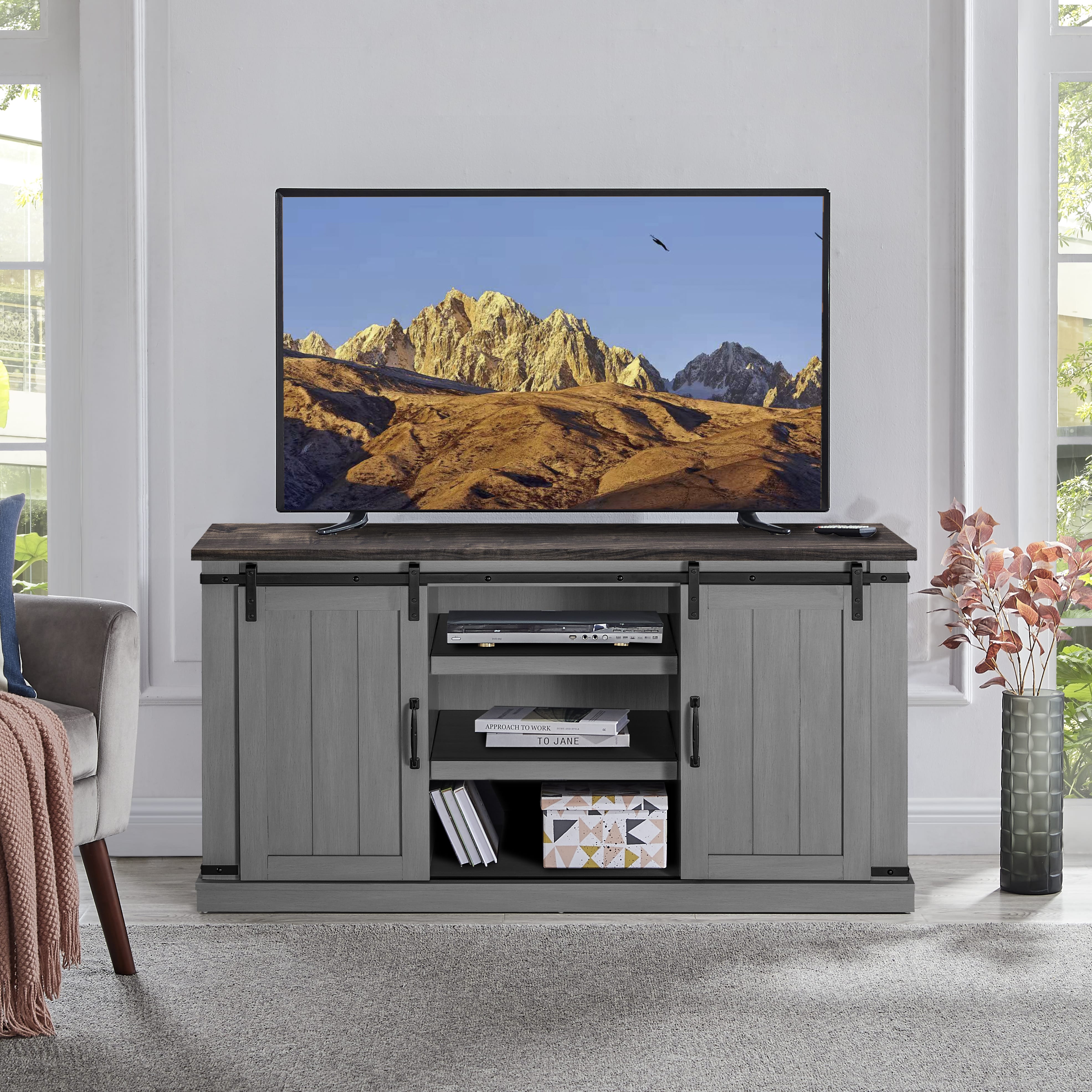 FESTIVO 54 in. Gray Sliding Doors TV Stand for TVs up to 60 in ...