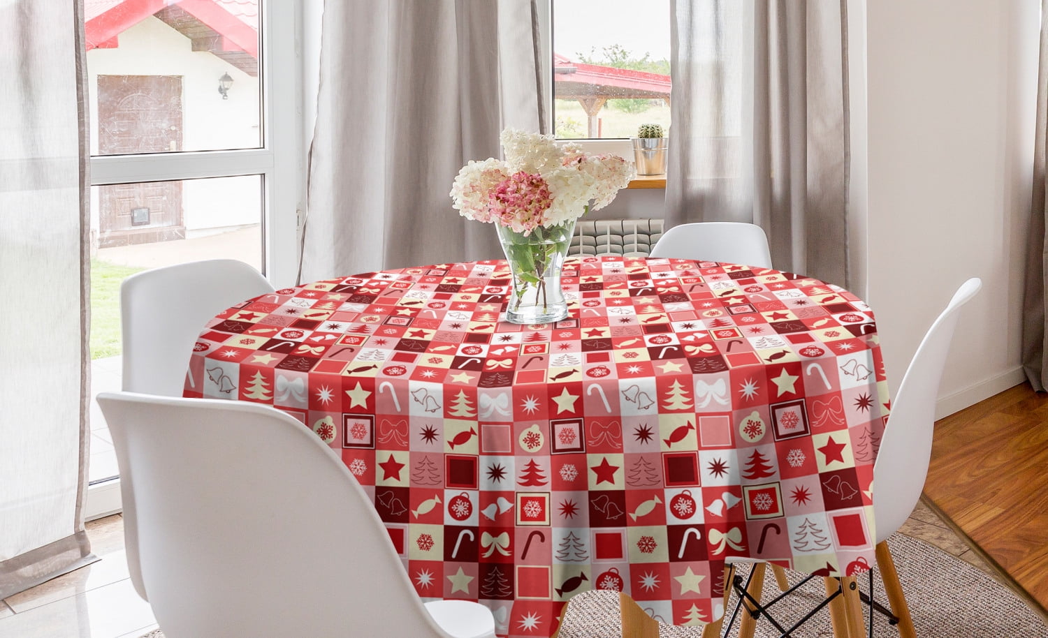 Christmas Round Tablecloth, Xmas Candy Cones Stars Ribbons Hand Bells ...