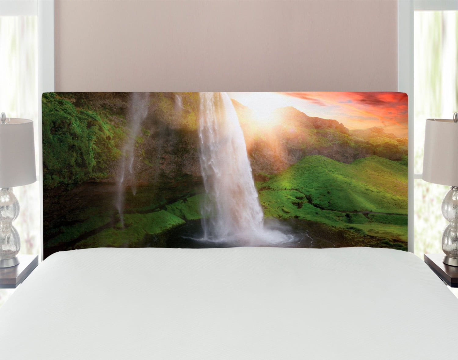 Waterfall Headboard, Waterfalls at Sunset Sky in Iceland Scenic Spring ...