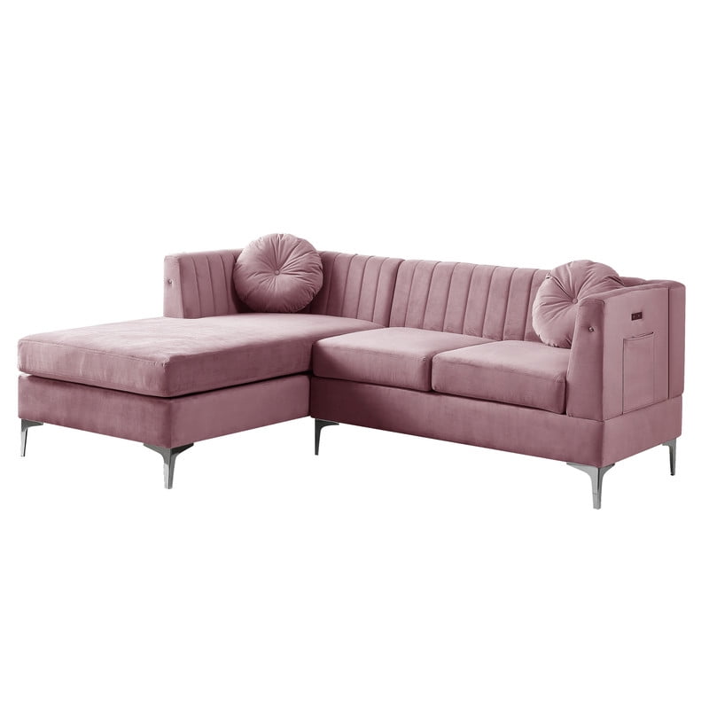 Chloe Pink Velvet Sectional Sofa Chaise with USB Charging Port ...
