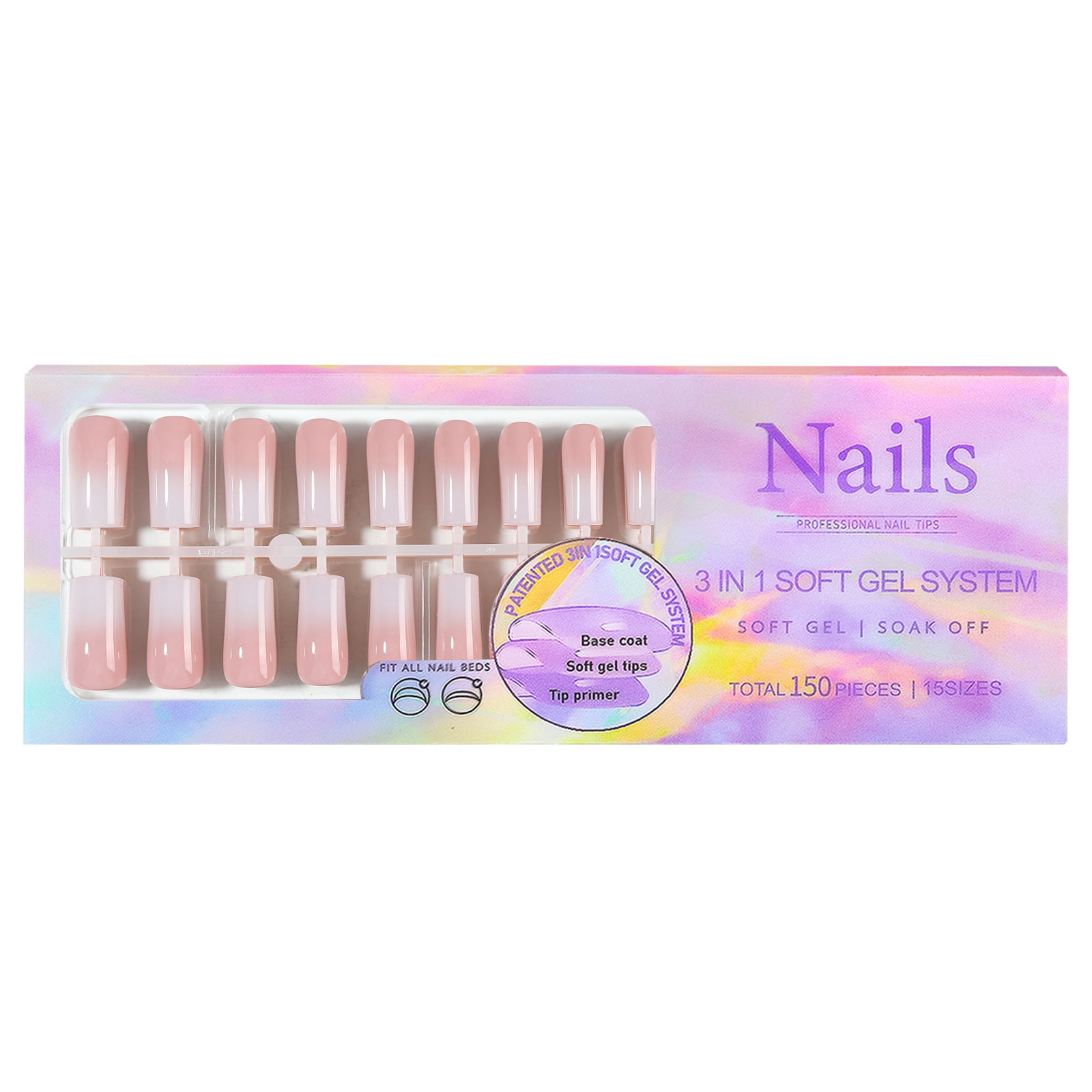 Tfixol 5 Gradient Colors Soft Gel Nail Tips Pre-Applied Base Coat & Tip Primer Pre-Made Fake Nails 15 Sizes False Nail Tips For Nail Art Diy 15 Sizes