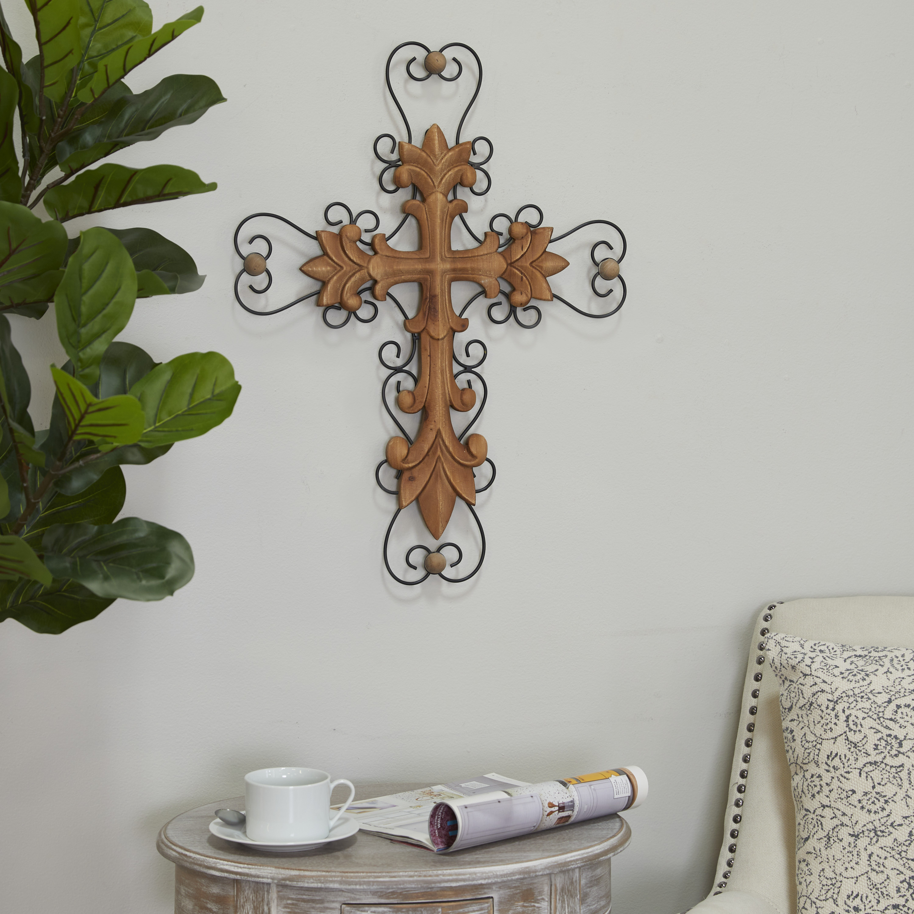 DecMode Brown Wood Carved Cross Cross Wall Decor with Metal Scrollwork ...