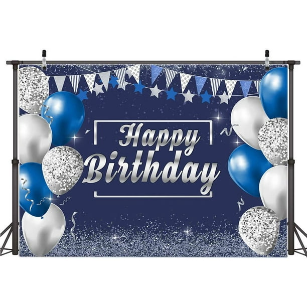 AIIKES 7X5FT Navy Blue Birthday Backdrop Silver Glitter Blue Balloons for Boys Girls Men Women ...