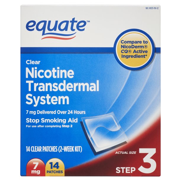 Equate Nicotine Transdermal System Step 3 Clear Patches, 7 mg, 14 Count ...
