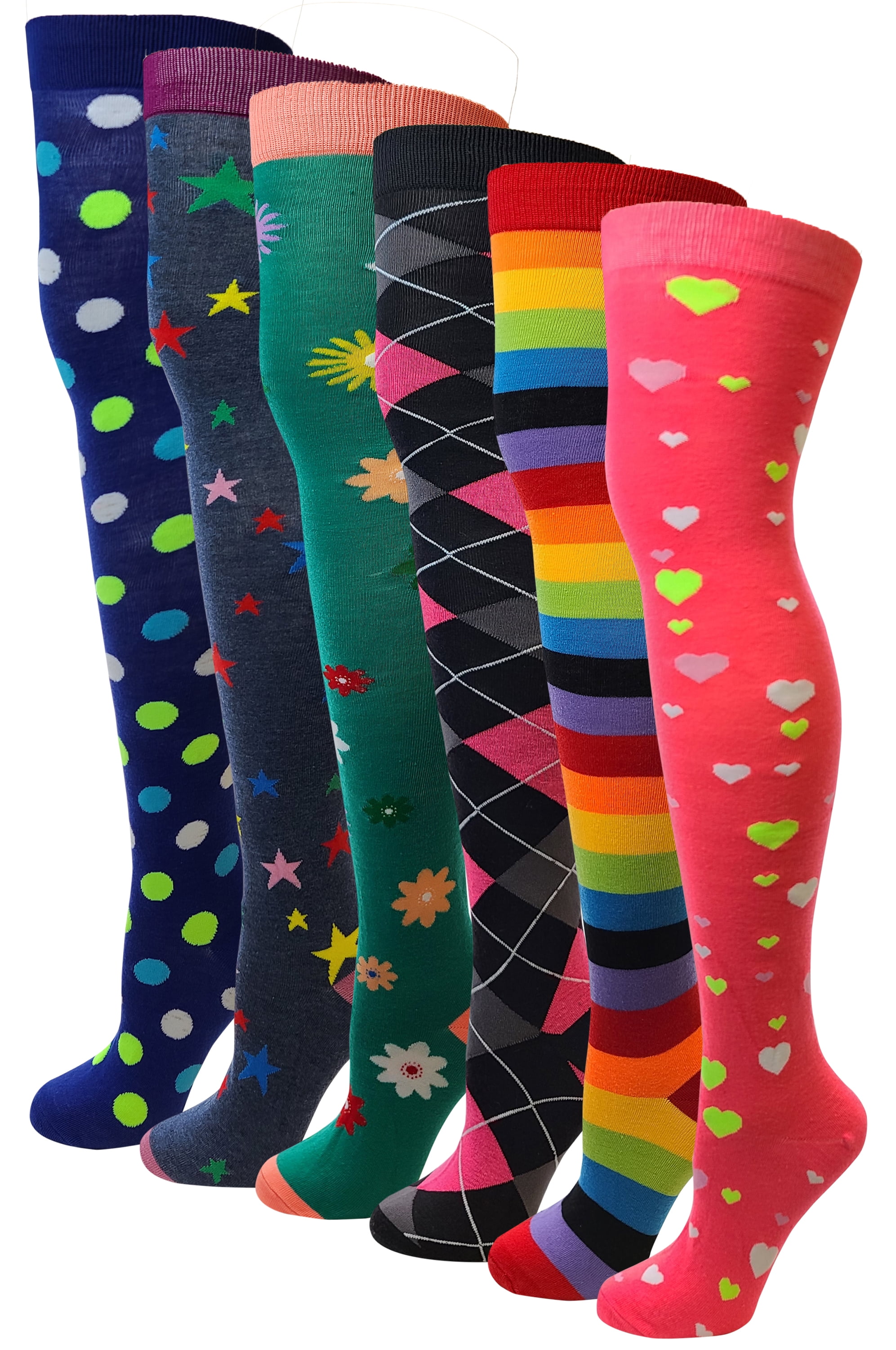 6 Pairs Pack Women Multi Neon Color Fancy Design Thigh High Over the ...