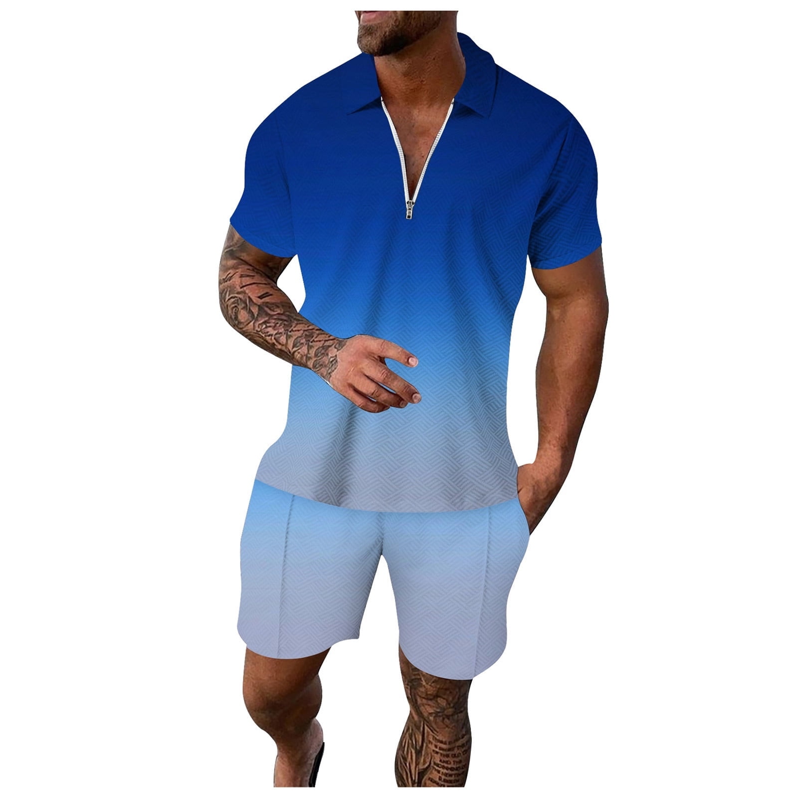 SHIXIAOO Male Casual Striped Gradient Ramp Print Two Piece Suit Zipper ...