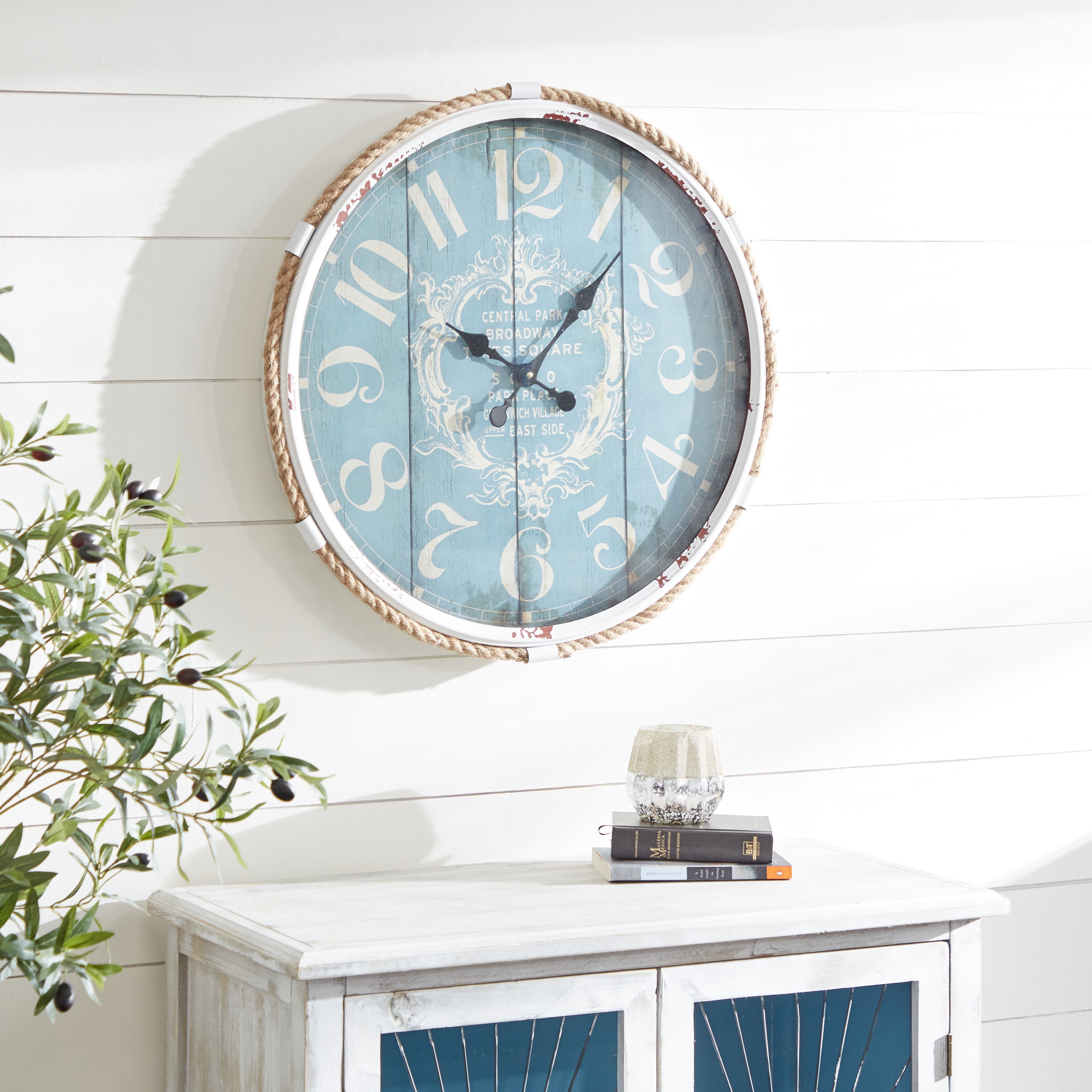 DecMode Coastal Turquoise/White Metal Round Wall Clock with Spade ...