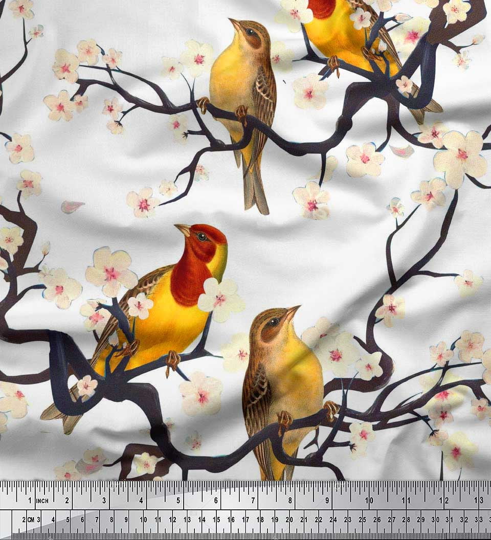 Soimoi White Viscose Chiffon Fabric Fish,Bird & Yacht Bird Print Fabric ...
