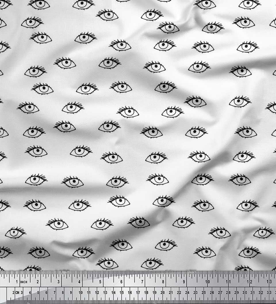 Soimoi White Crepe Silk Fabric Eyes Face Printed Craft Fabric by the ...
