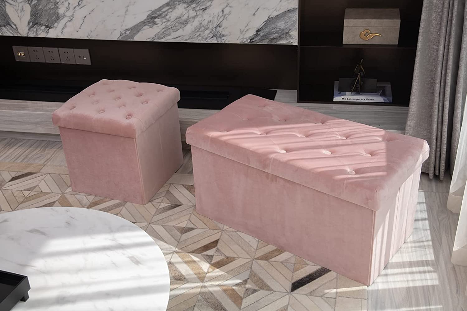 PINPLUS 30" & 15" Collapsible Ottoman Bench,Velvet Pink Storage, Toys ...