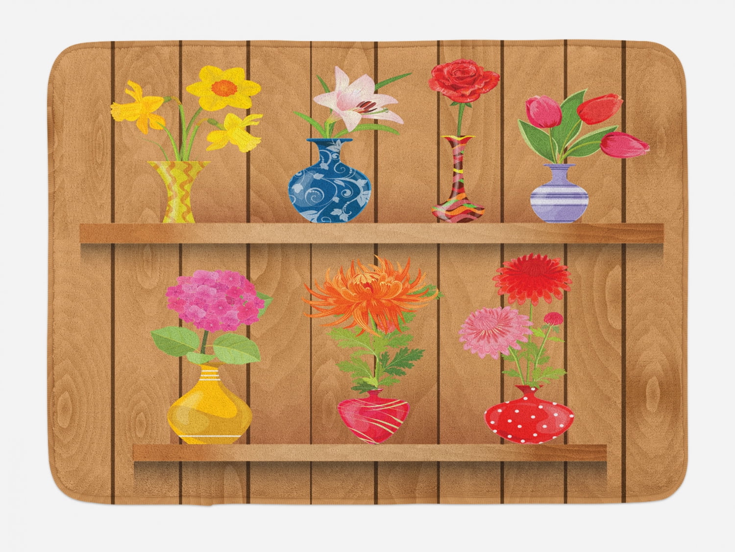 Daffodil Bath Mat, Glass Vases with Colorful Flowers on Wooden Shelves ...