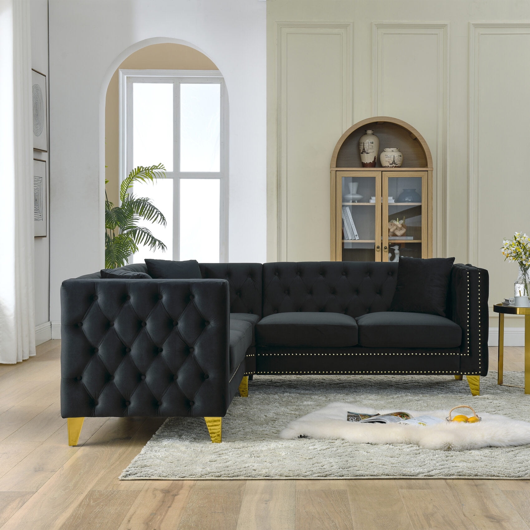Black Velvet L Shaped Sectional Sofa 5 Seater with 3 Pillows Button Tufted Nailhead Trim Walmart