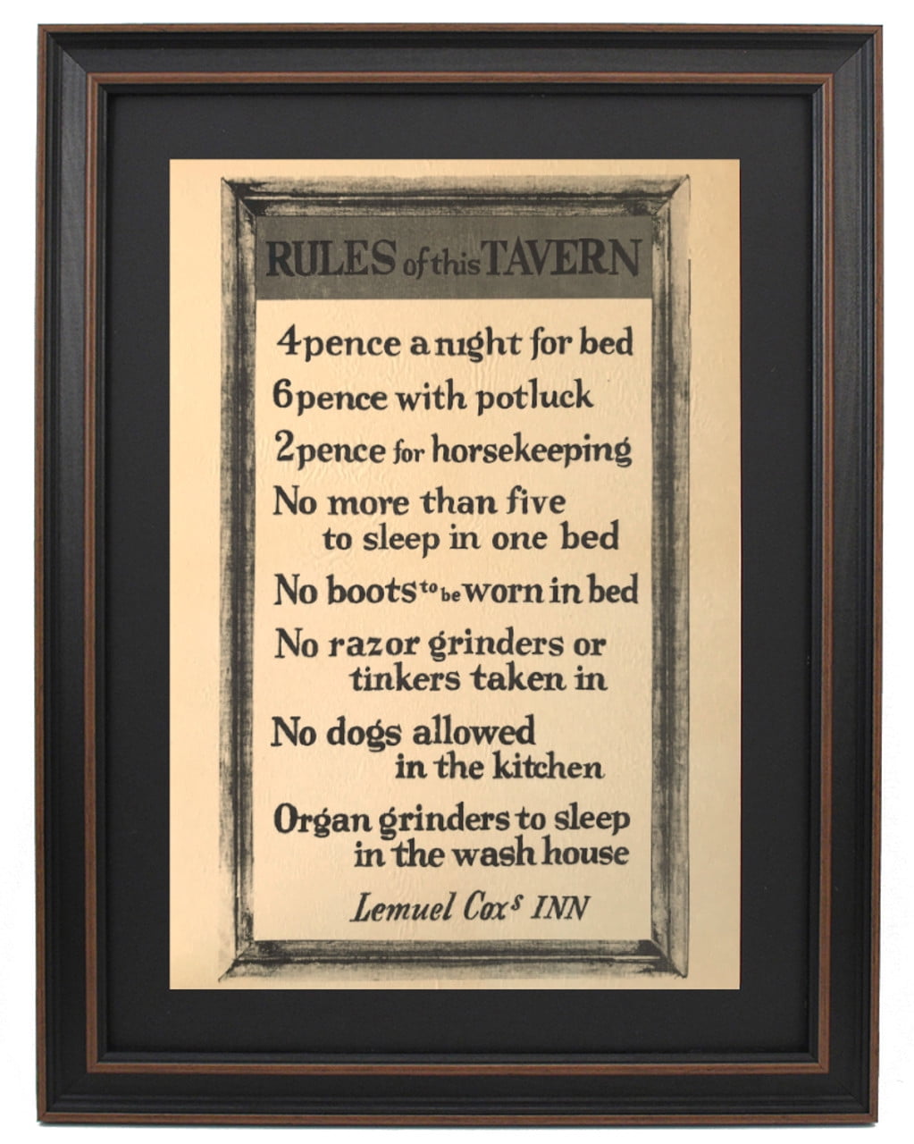 Framed Rules of the Tavern from Lemuel Cox's Inn. Historical Prints by ...