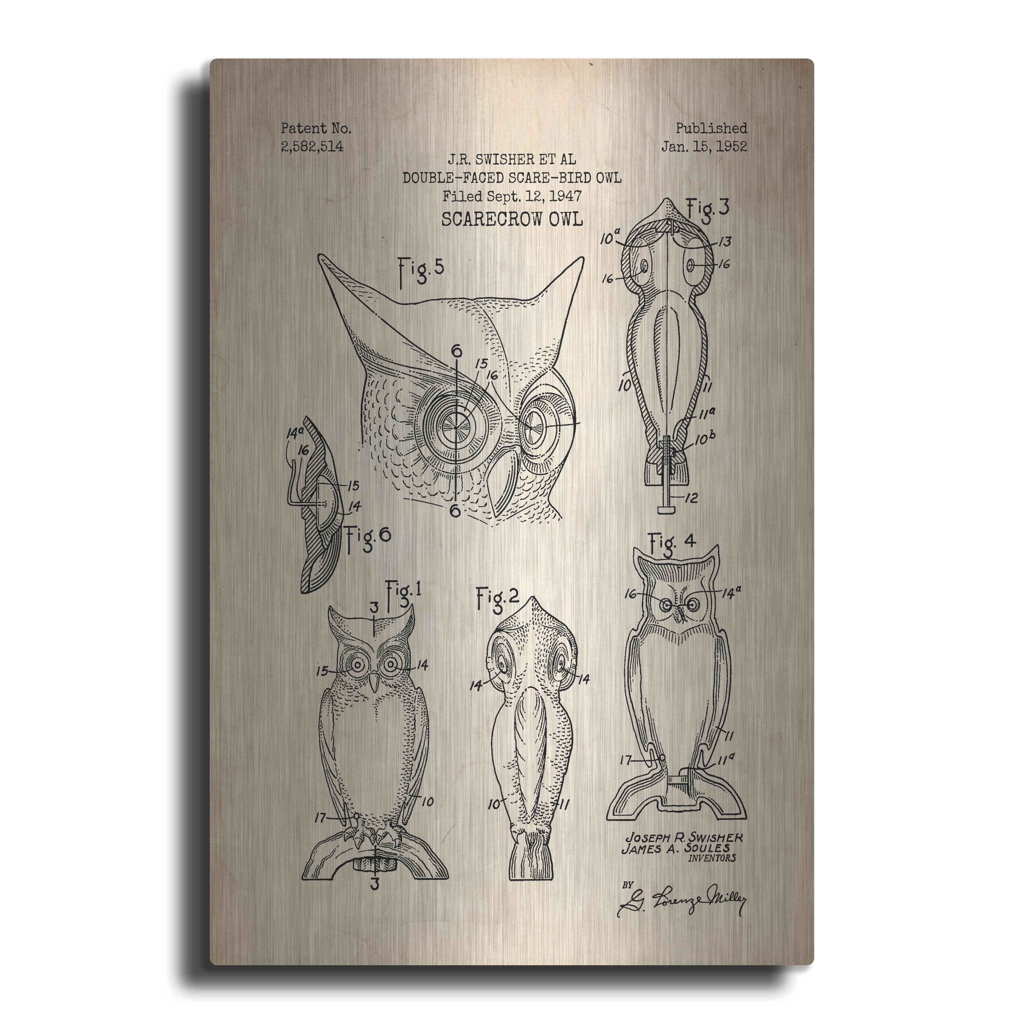 Luxe Metal Art 'Scarecrow Owl Blueprint Patent Parchment' Metal Wall ...