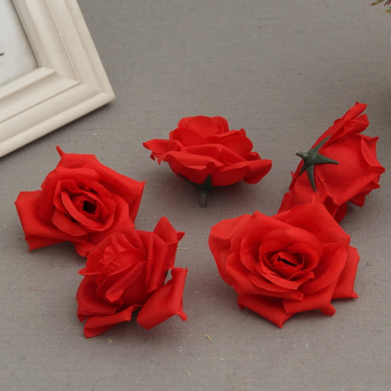50 Flower Bud Heads (Big Red) In Bulk 50 Pcs Fake Artificial Silk Rose ...