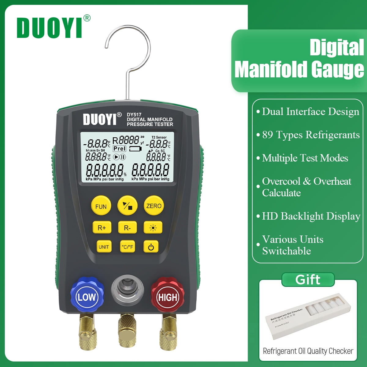 Refrigeration Digital Manifold Gauge HVAC Vacuum Pressure Temperature ...