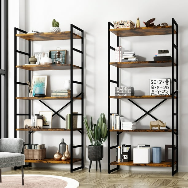 2 Pieces 5 Tiers Bookshelf Classically Tall Bookcase Shelf Industrial ...