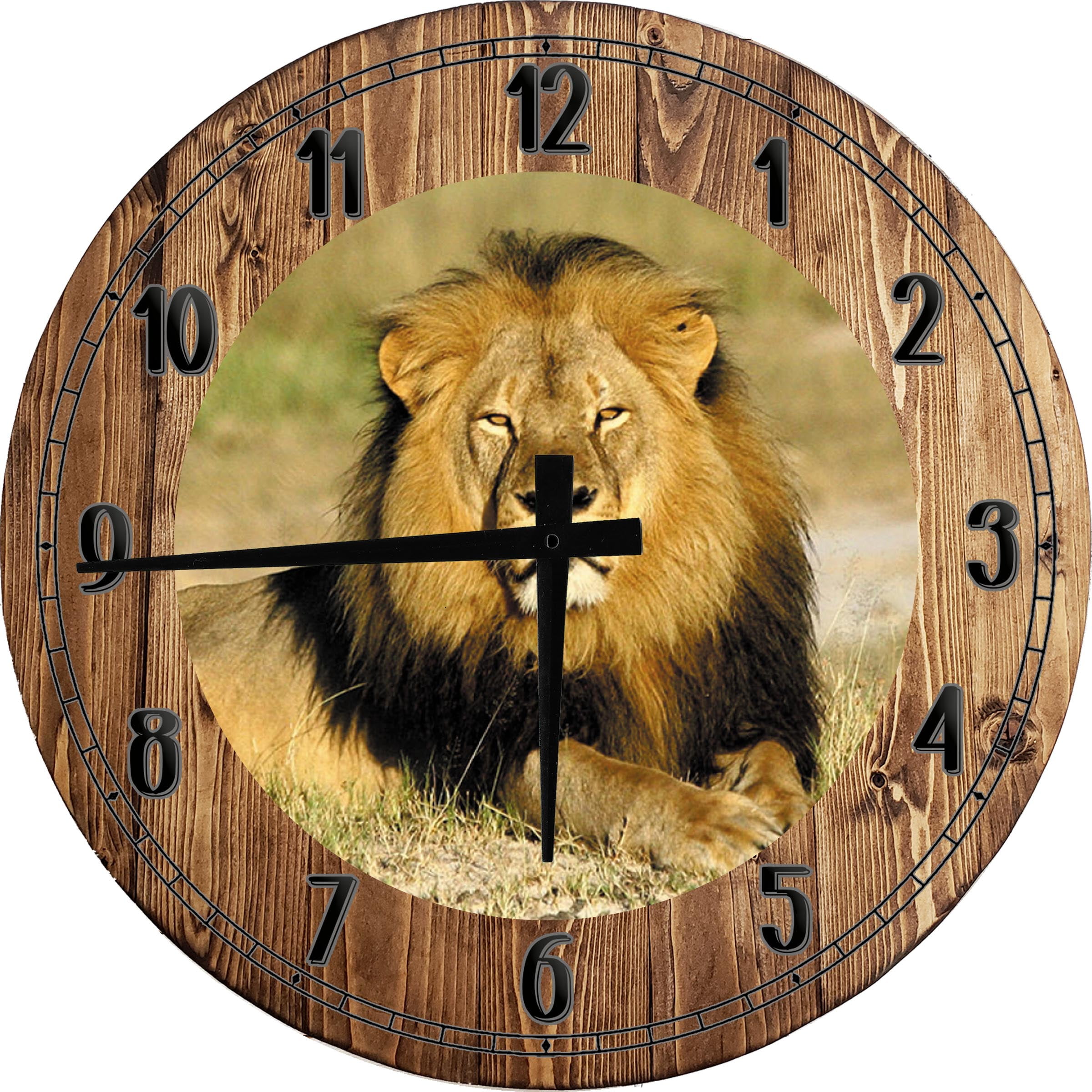 Large Wood Wall Clock 24 Inch Round Lion Wall Art African Lion Predator ...