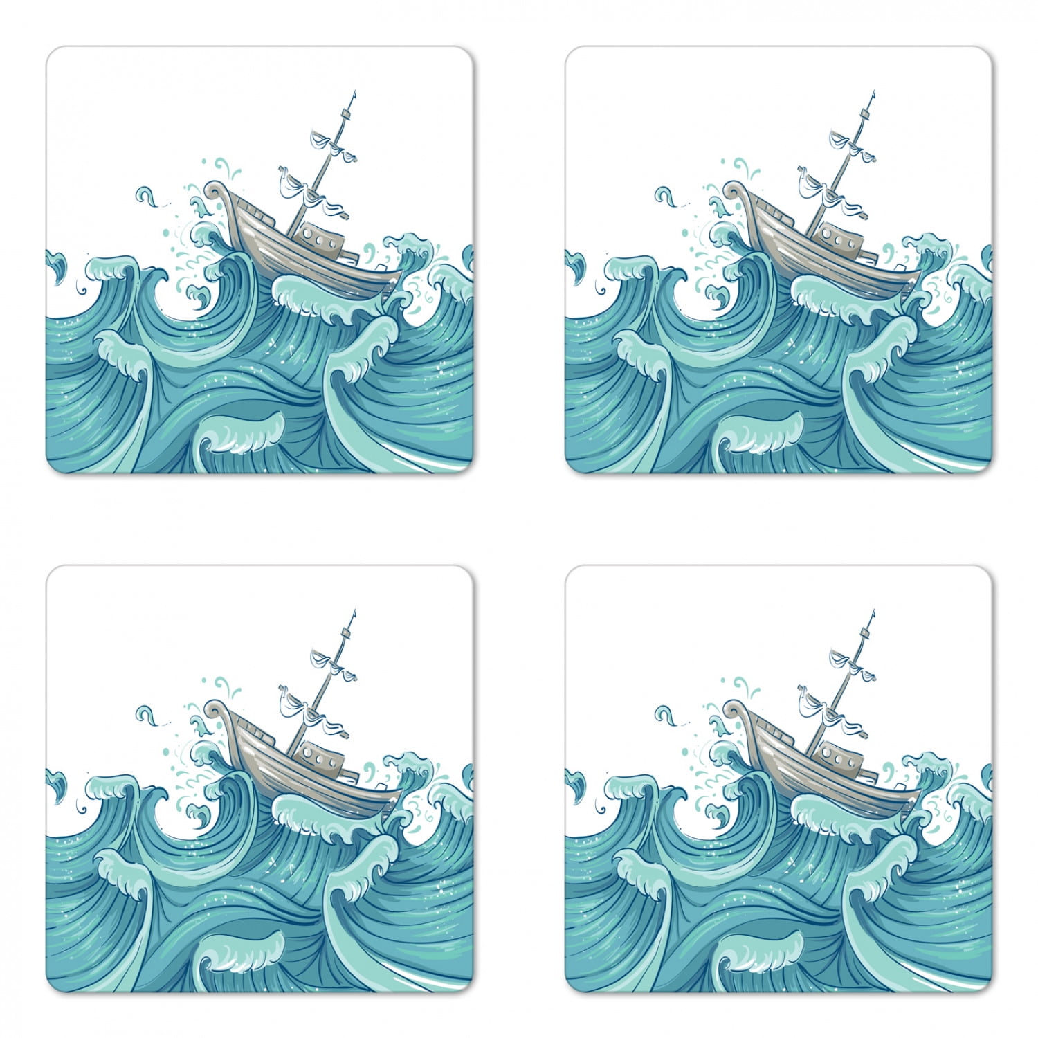 Nautical Coaster Set of 4, Ship Being Tossed by Giant Ocean Waves ...