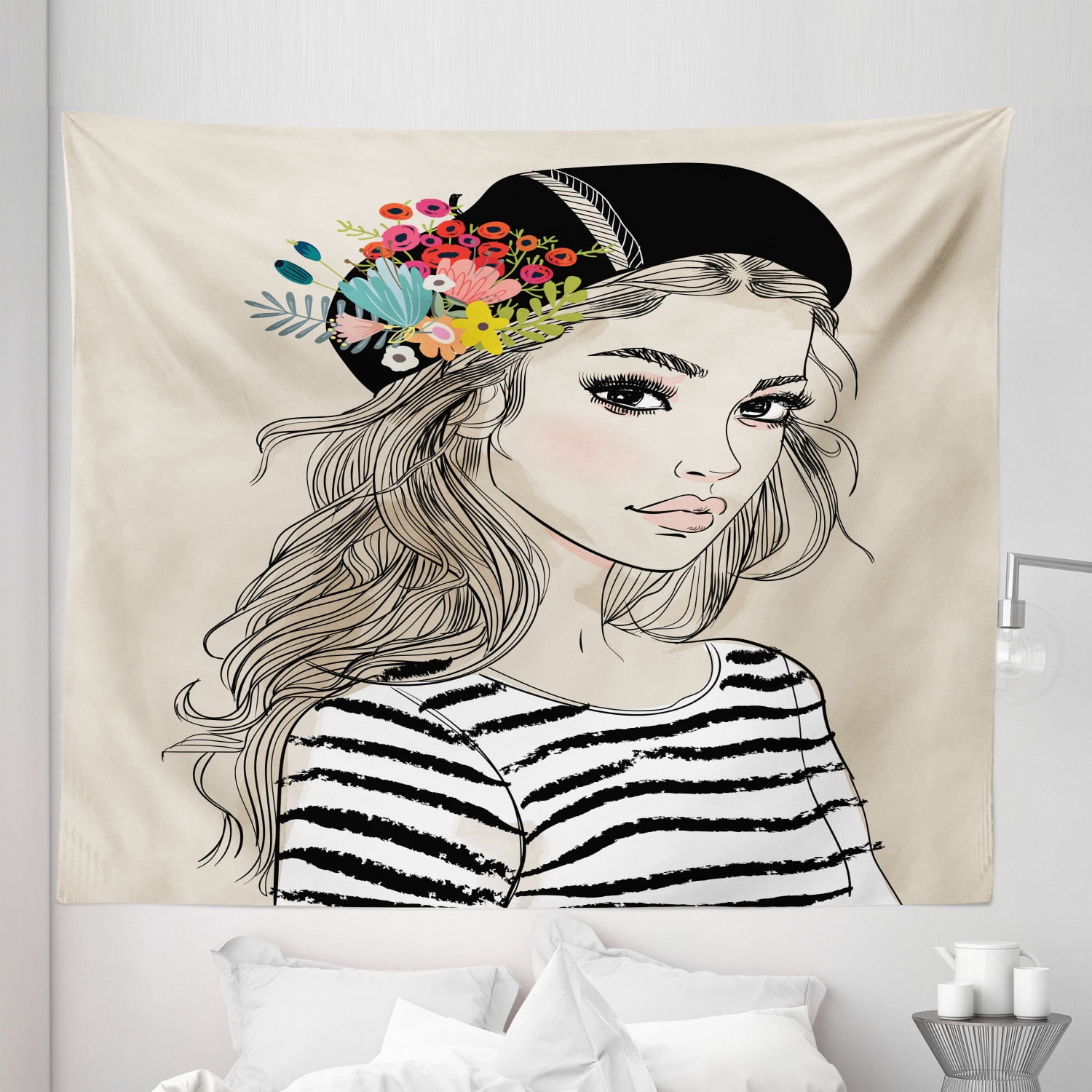 Women Tapestry, Sketch Illustration of Young Lady Wears Hat and ...
