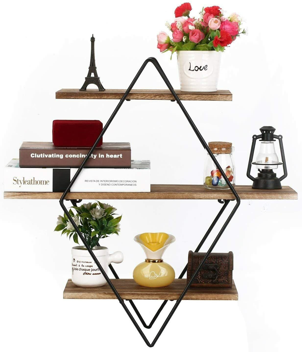 3 Tier Floating Rhombus Wall Shelves, Retro Wood and Metal For Home ...