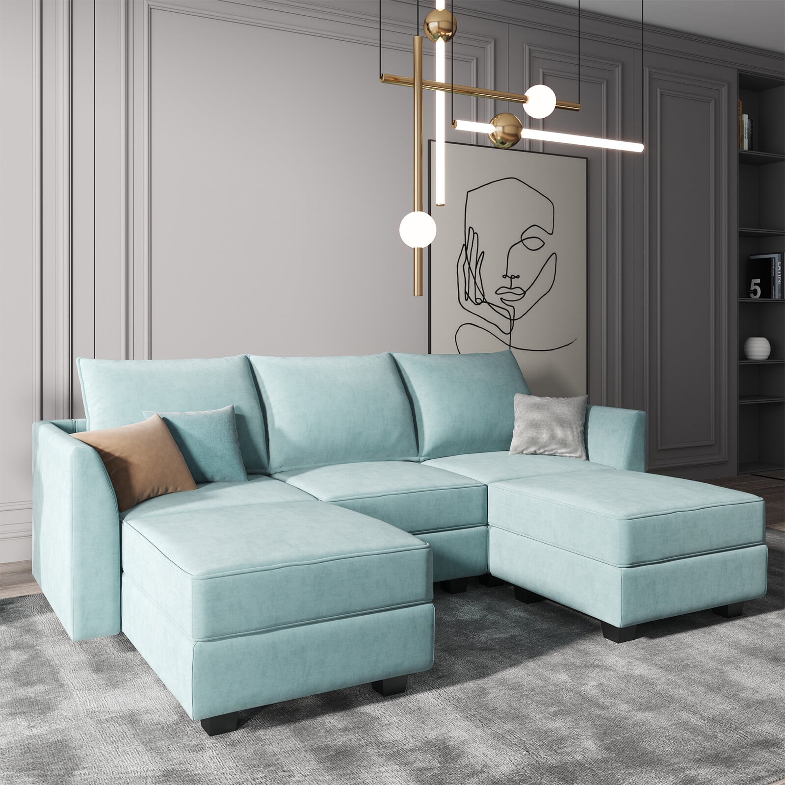 HONBAY U Shape Sectional Couch with Reversible Ottoman , Aqua Blue ...