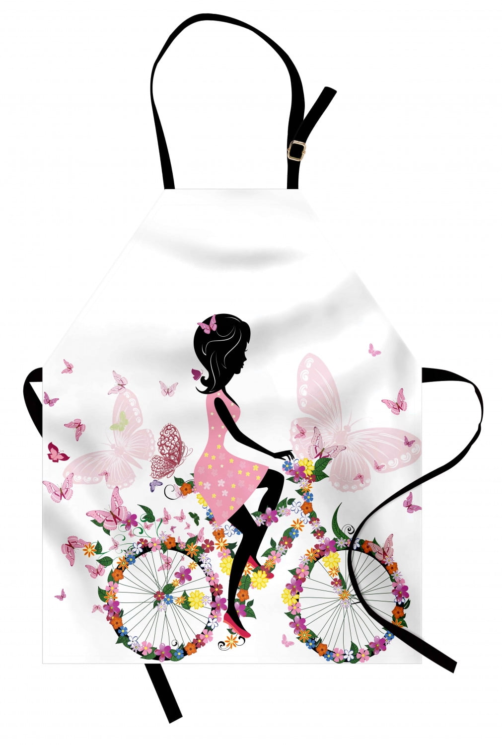 Bicycle Apron Girl in a Pink Dress Riding a Bike with Colorful Flowers ...