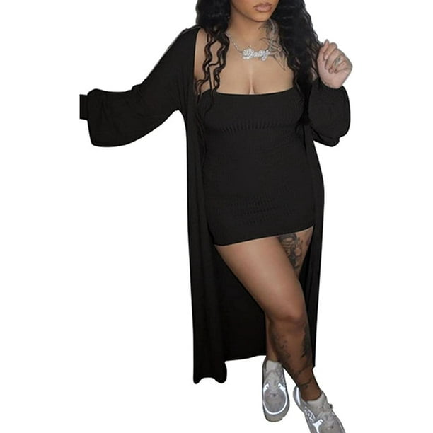 Women's 2 Piece Solid Outfits Tube top Bodycon Mini Dress and Long ...