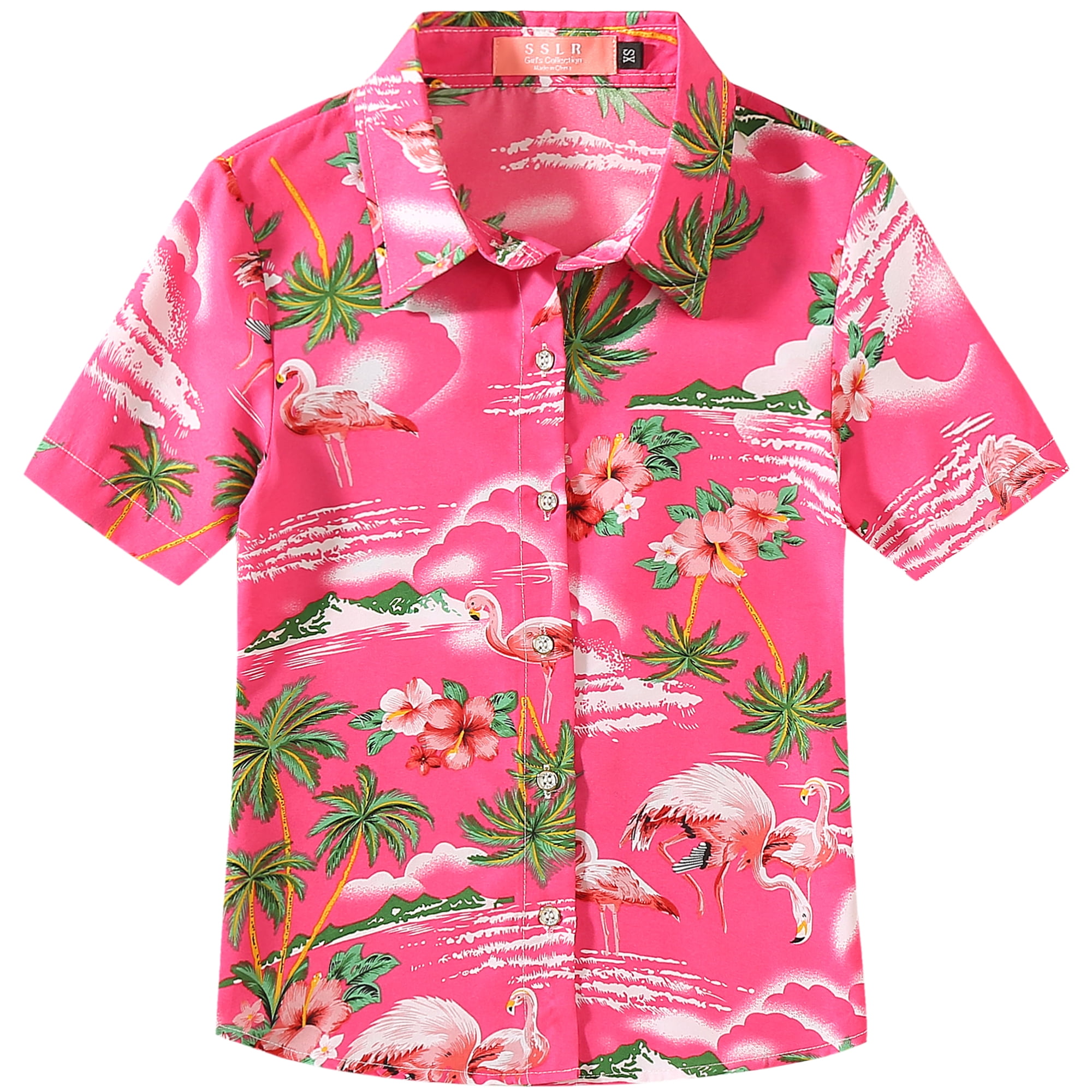 SSLR Youth Big Girls Flamingo Hawaiian Shirt Casual Short Sleeve Button ...