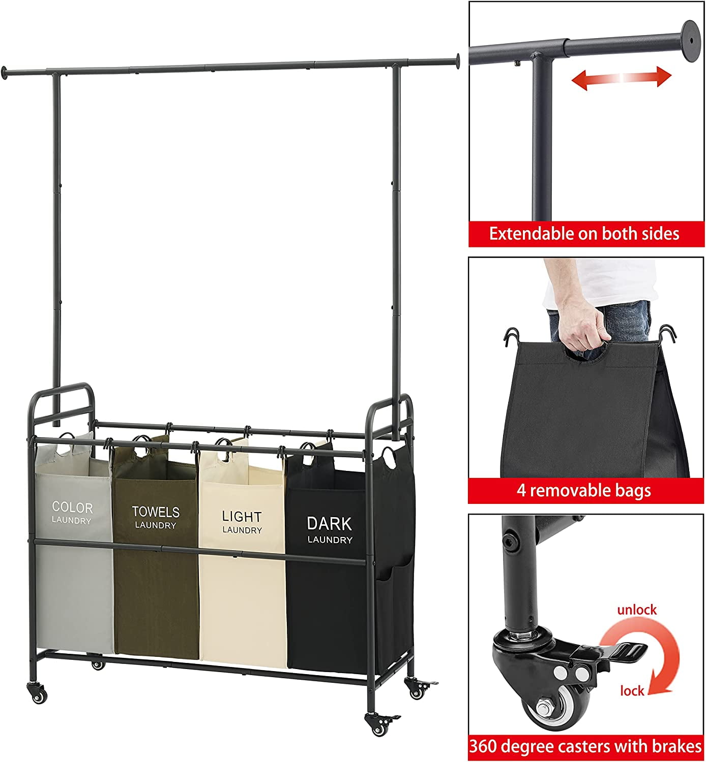 Laundry Sorter Cart with Hanging Clothes Rack, 4 Butler Sorter Basket ...