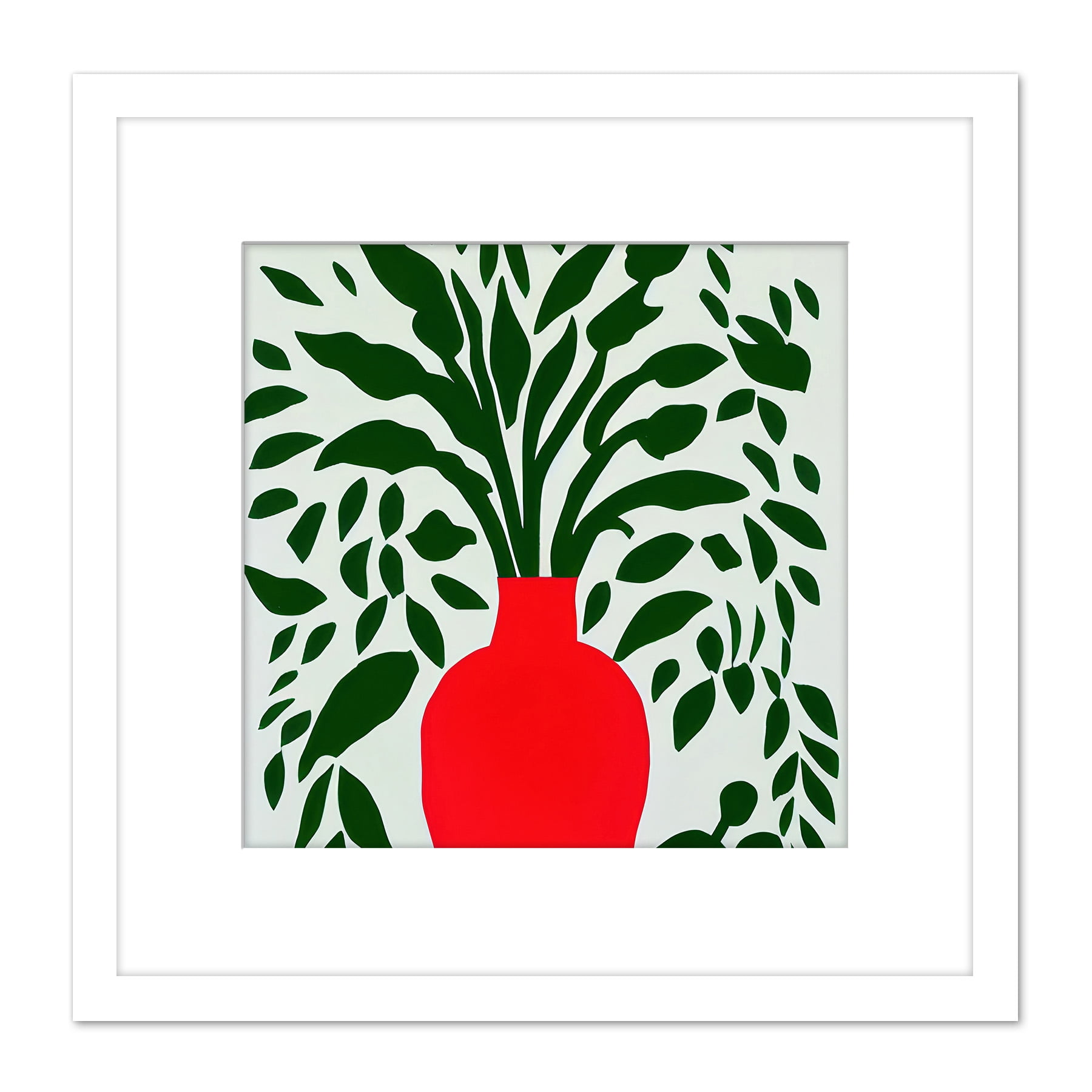 Abstract Green Leaves Bold Red Vase 2D Illustration Square Wooden ...