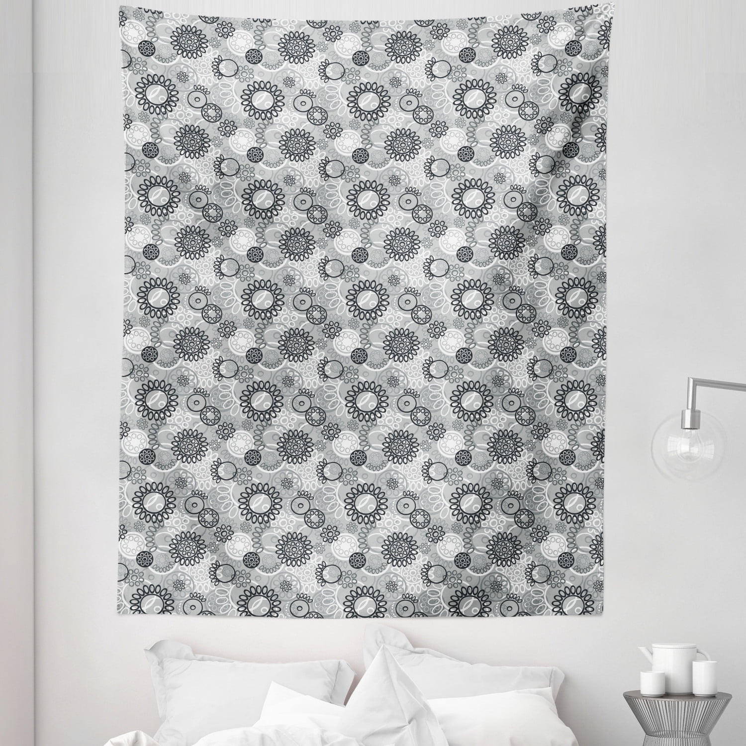 Black and Grey Tapestry, Doodle Style Blooming Flowers Greyscale Garden ...