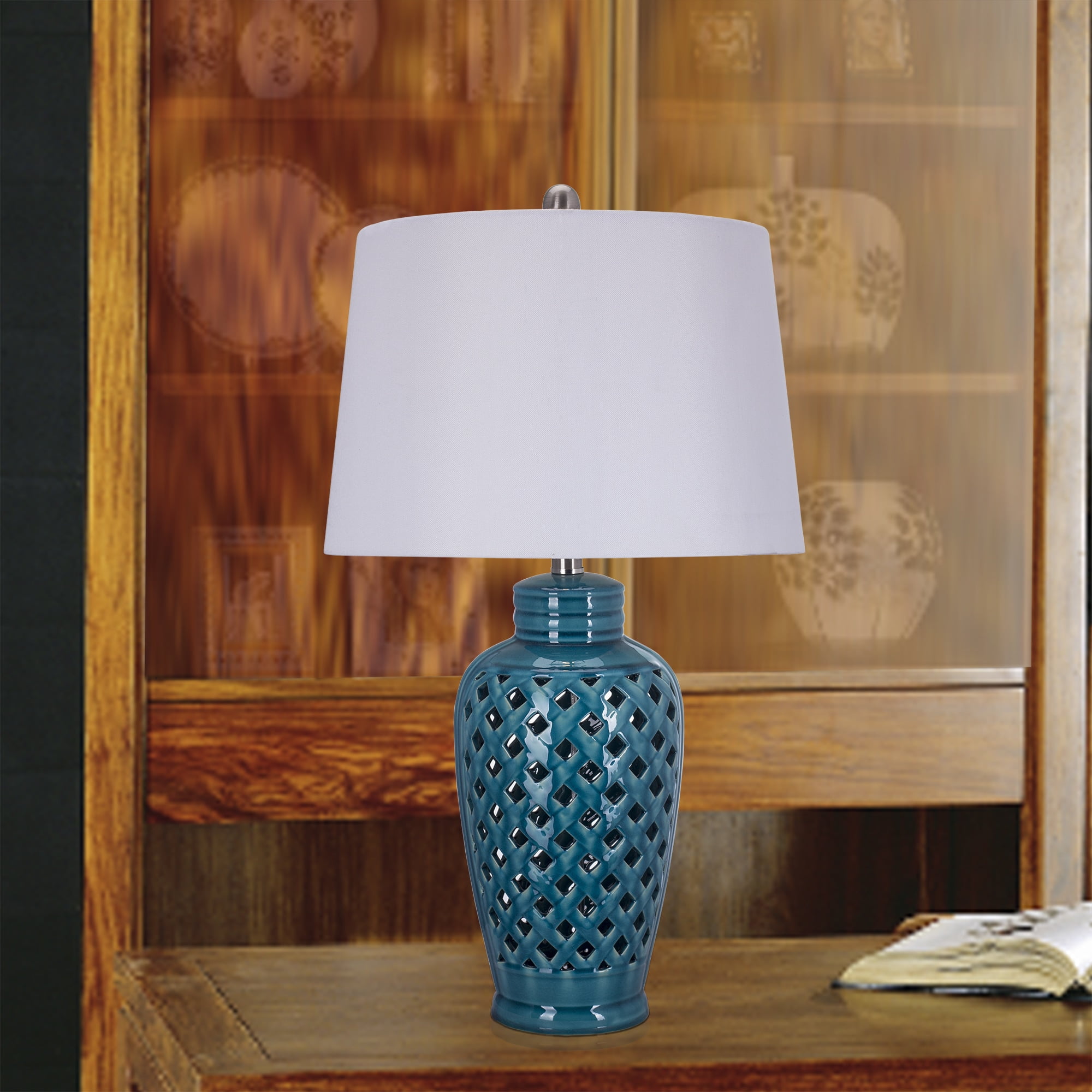 Fangio Lighting 26 inch Blue Ceramic Table Lamp with Lattice Design ...