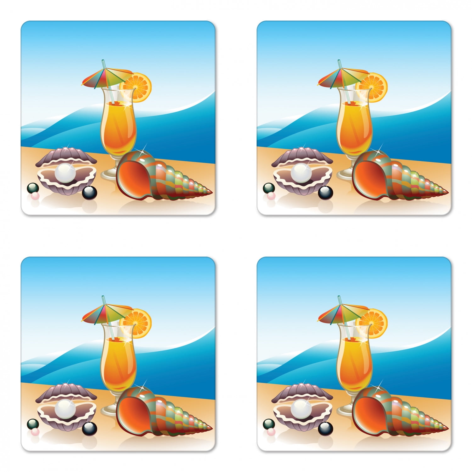 Pearls Coaster Set of 4, Seashells and Glass of Juice Seascape Summer ...