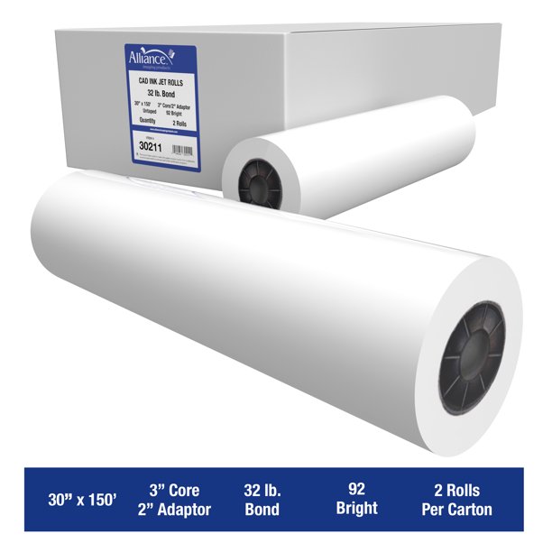 Alliance Wide Format Paper 30" x 150' CAD Bond 20lb | 92 Bright | 2 ...