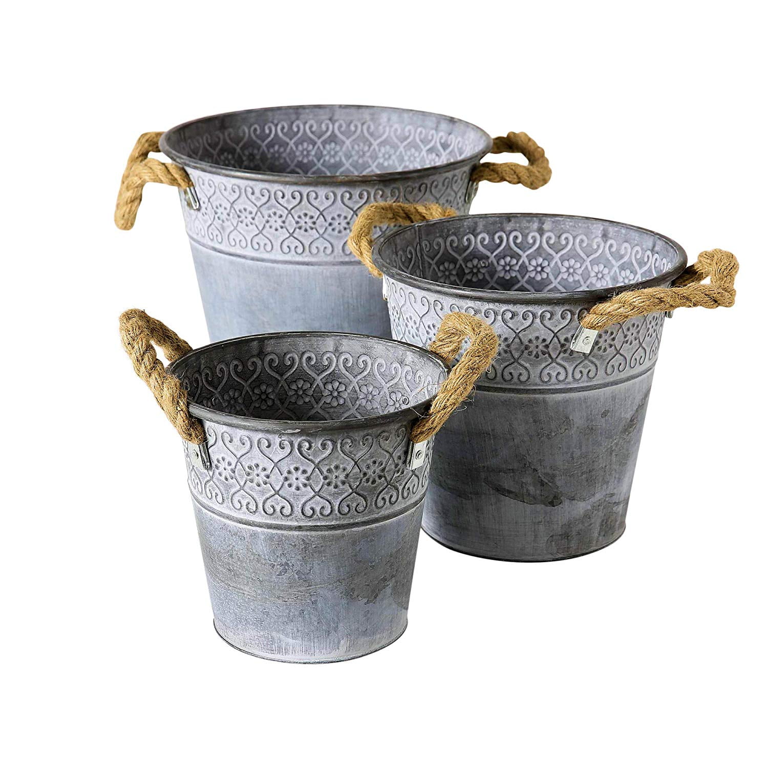 WHW Rope Handle Planters, Set of 3, Galvanized Grey Zinc, Rustic Border ...