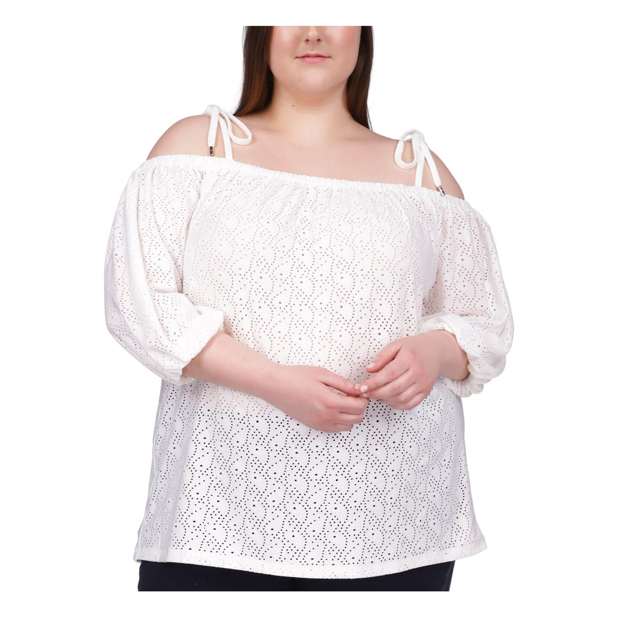MICHAEL KORS Womens White Eyelet Sheer Tie Straps 3 4 Sleeve Off Shoulder Top Plus 3X Walmart