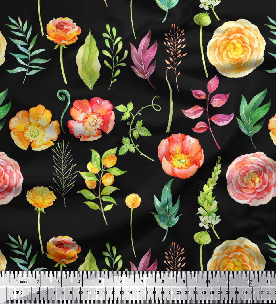 Soimoi Cotton Duck Fabric Leaves & Begonia Floral Printed Craft Fabric ...