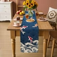 Coastal Wave Table Runner, Japanese Style Ocean Fish Blue Washable ...