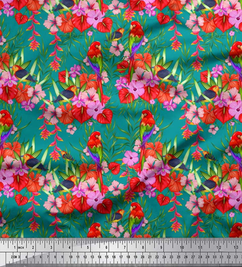 Soimoi Green Silk Fabric Laceleaf & Macaw Parrot Bird Print Fabric by ...