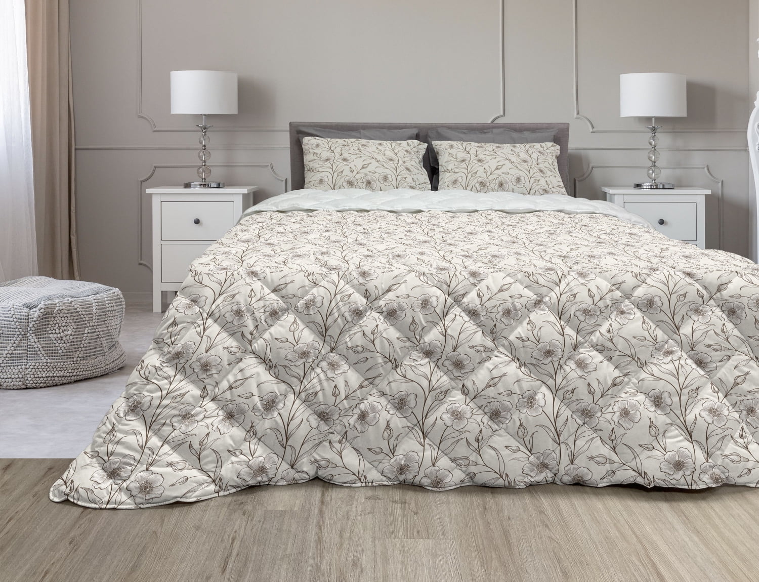 Floral Comforter & Sham Bedding Set, Outline Drawings of Buds and ...