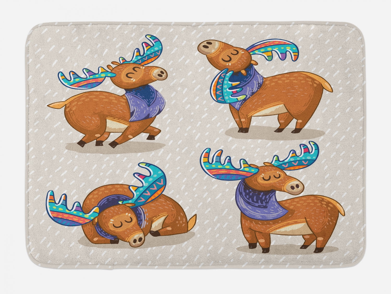 Moose Bath Mat, Kids Cartoon Inspired Cute Elks with Antlers Friendly ...