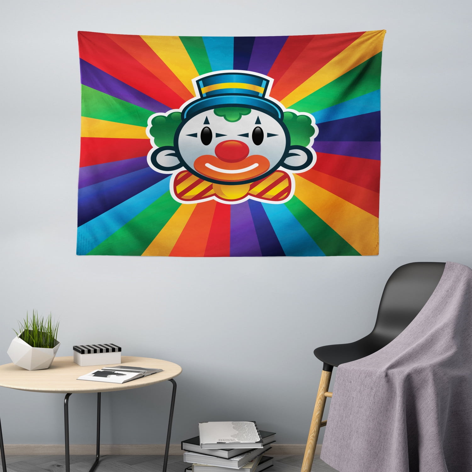 Circus Tapestry, Single Clown Face with Colorful Sunburst Effect ...