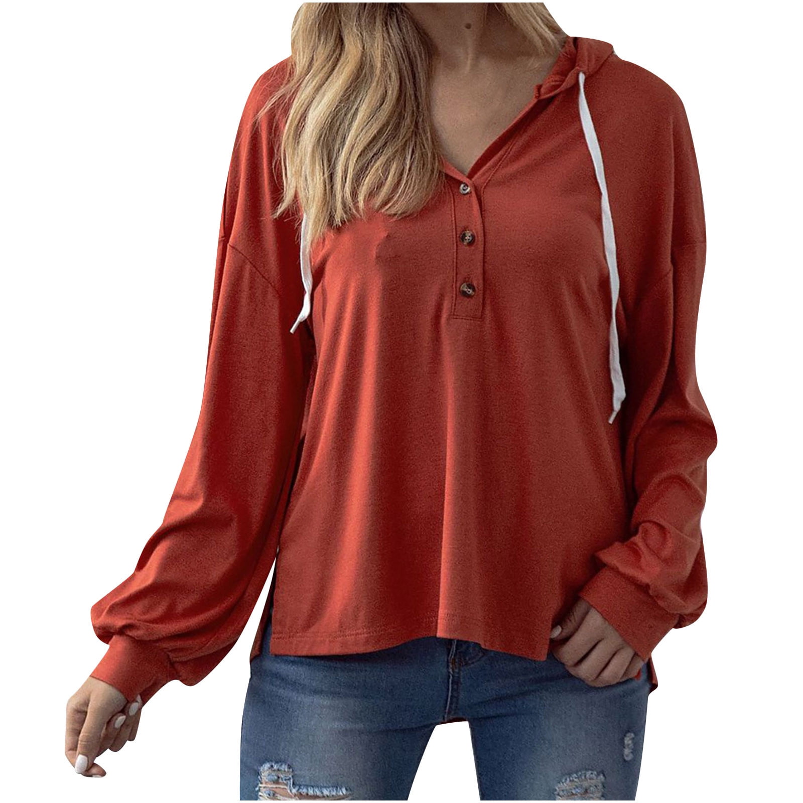 Click here for Cehvom Women Casual V-Neck Button Hooded Solid Col... prices