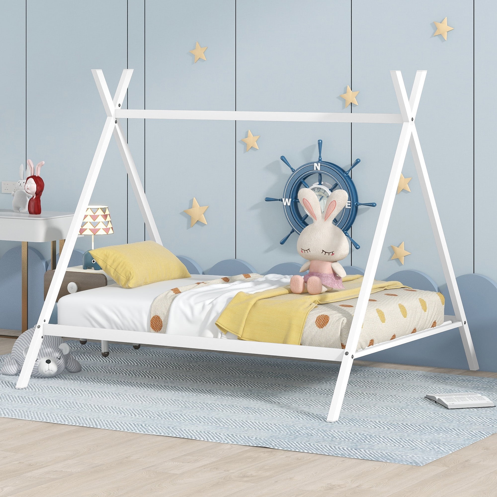 Sesslife Full House Bed with Roof, Kids Floor House Bed Frame, No Box ...